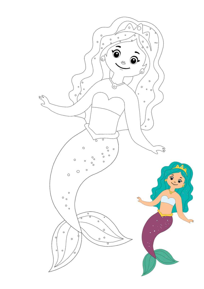 Mermaid Princess with Crown Coloring Pages - 2 Free Coloring Sheets (2021)