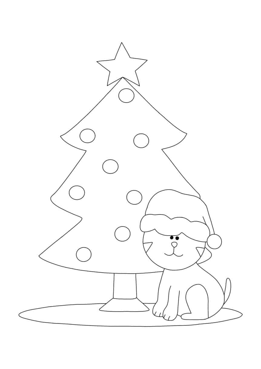 Cat Sitting in Front of Christmas Tree Coloring Pages - 2 Free Coloring ...