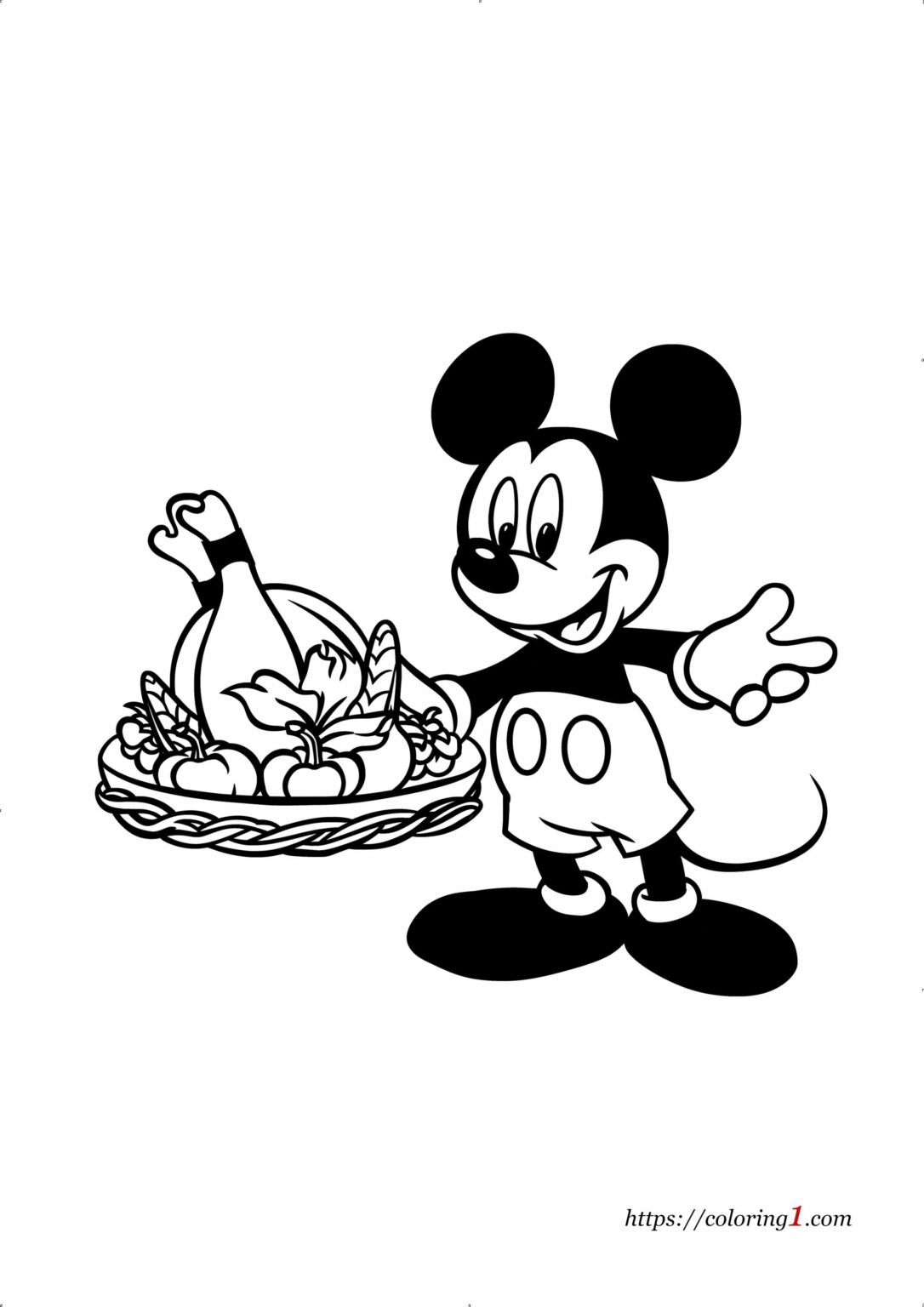 Mickey Mouse And Thanksgiving Turkey - Free Coloring Sheet