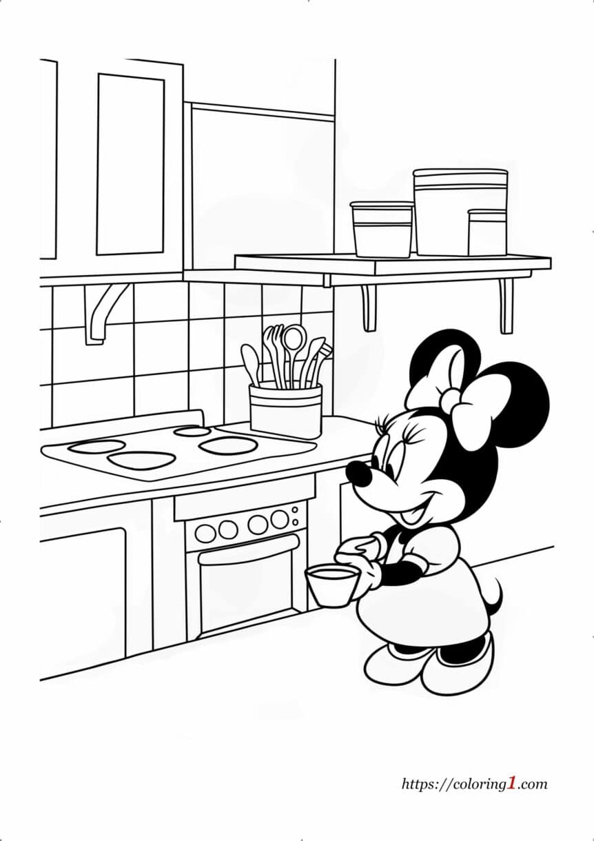 Minnie Mouse Cooking - Free Coloring Sheet