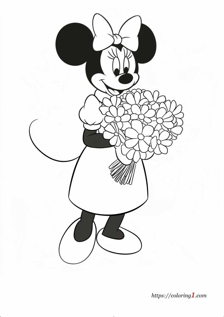 Minnie Mouse with Flowers - Free Coloring Sheet